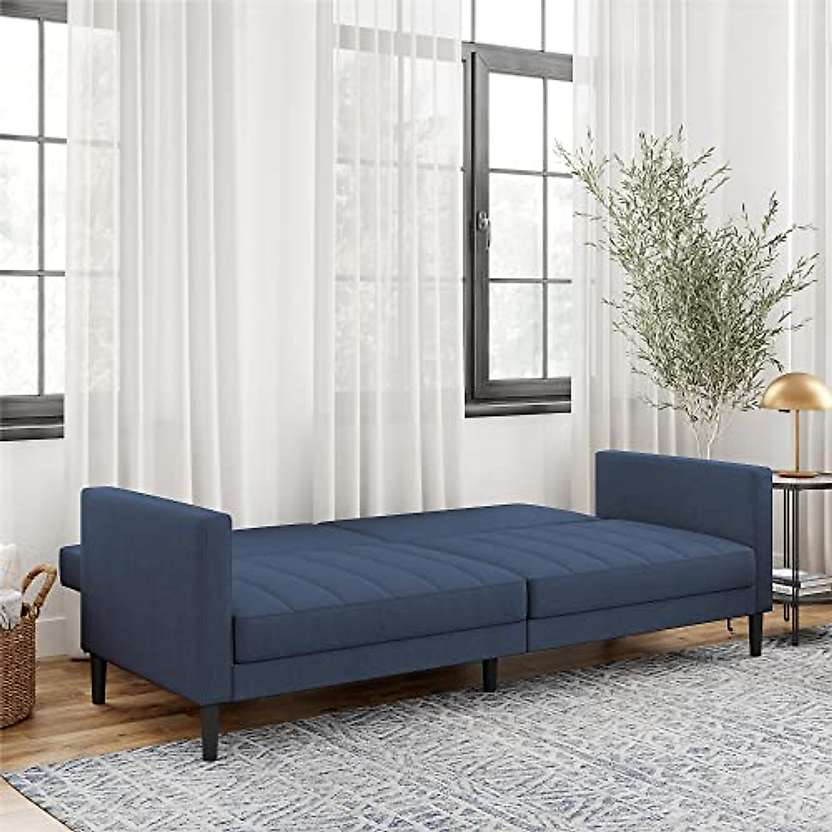 DHP Farnsworth 79 Inch Futon Sofa Bed, Upholstered Couch Sleeper with Tufted Seat, Mid-Century Modern, Navy