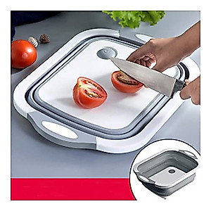 MMOOCO Chopping Board, Folding Cutting Board Washable Vegetables Multifunction Drain Basket Camping Kitchen Storage Organizer Kitchen Chopping Board (Color : Grey)