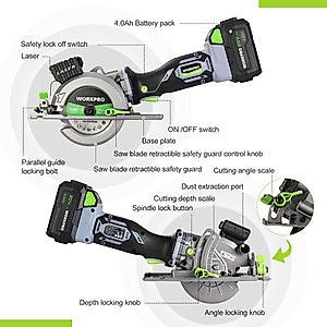 WORKPRO 20V Cordless Mini Circular Saw, 4-1/2" Compact Wireless Circular Saw 4.0Ah Battery, Fast Charger, 3 Saw Blades, 4500RPM, Laser Guide, Max Cutting Depth 1-11/16"(90°), 1-1/8"(45°)