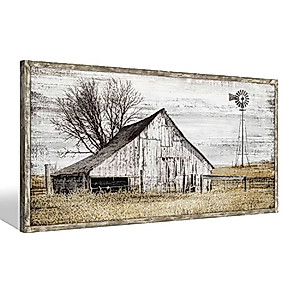 Barn Framed Wall Art Farmhouse: Rustic Farm Wood Picture Decor Large Windmill Country Scene Painting Horizontal Nature Landscape Artwork Panoramic Countryside View Print for Home Living Room Bedroom