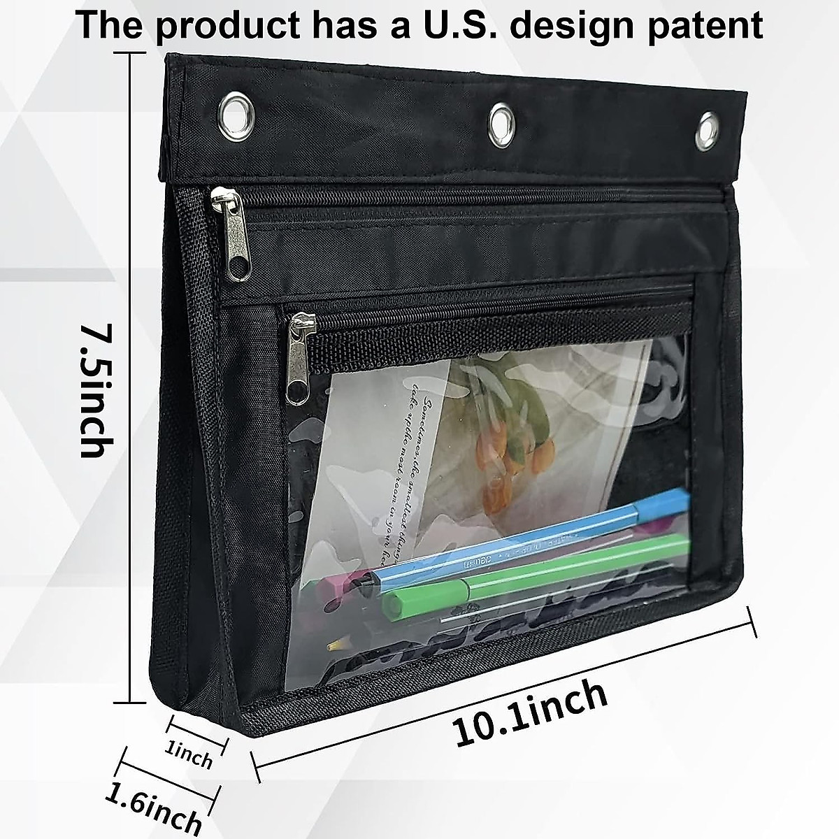 YoeeJob 2 Pack 1 Inch Expandable Zipper Pencil Pouches with Clear Window for 3 Ring Binder, Suitable for School & Office (Black)