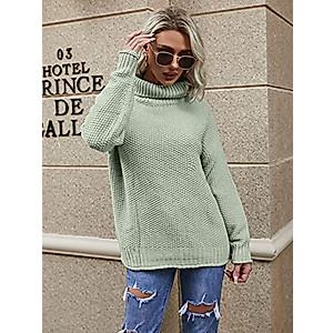 Lynwitkui Women Turtleneck Sweaters Batwing Sleeve Casual Loose Chunky Pullover Sweater Knit Tops Light Green