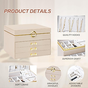 V-LAFUYLIFE Jewelry Box for Women,4-Layer Leather Jewelry Holder Organizer with 3 Drawers Large Jewelry Storage Boxes, Lots of Storage Space For Ring,Necklace,Bracelets,Earring（White）