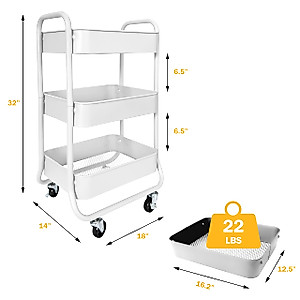 Homestead 3-Tier Rolling Cart - Heavy Duty Metal Rolling Cart, Lockable Casters, Multifunctional Storage Shelves - Great for Kitchen, Office, Bathroom, Laundry Room (White)