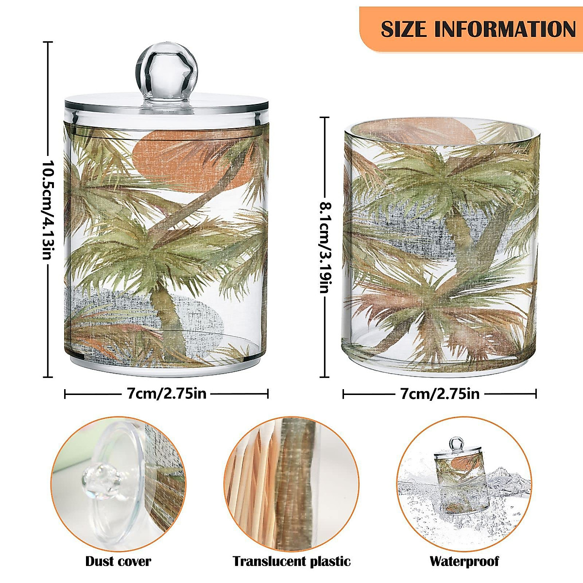 Kigai Abstract Palm Tree Qtip Holder Dispenser - 14OZ Clear Plastic Apothecary Jars Food Storage Jar with Lids Bathroom Canister Organizer for Coffee, Tea, Candy, Floss (2Pack)