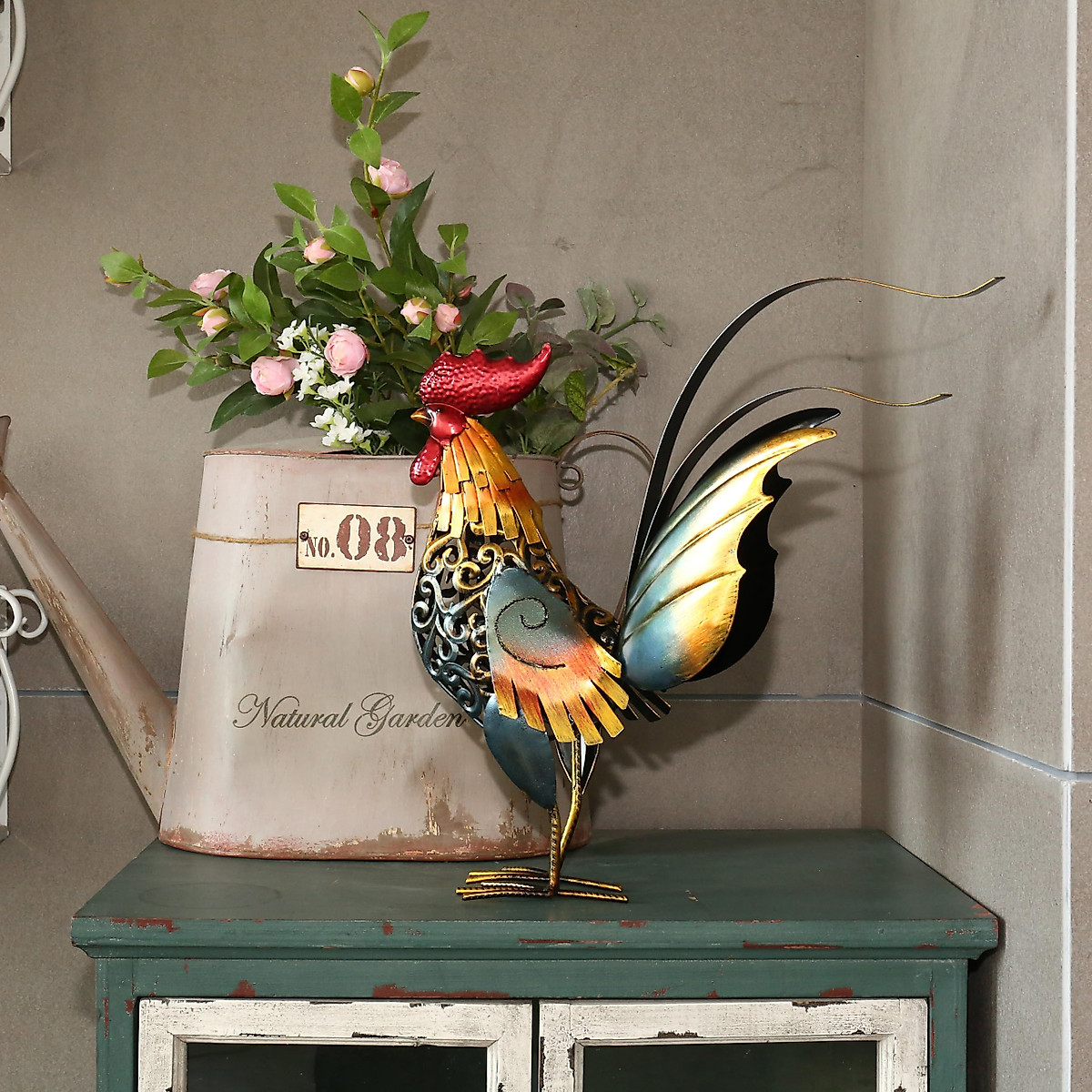 Too-arts Metal Sculpture Carved Iron Rooster Home Furnishing Artwork Craft Gifts