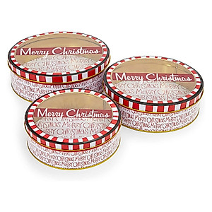 Juvale Set of 3 Merry Christmas Cookie Tins with Lids for Gift Giving, Round Nesting Holidays Containers, 3 Sizes