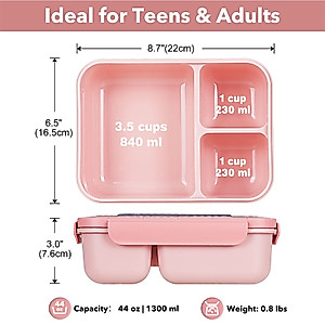 Caperci Premium Bento Box Adult Lunch Box for Older Kids - Leakproof 44 oz 3-Compartment Lunch Containers for Adults and Teens, Ergonomic Design, Built-in Utensil Set & BPA Free (Pink)