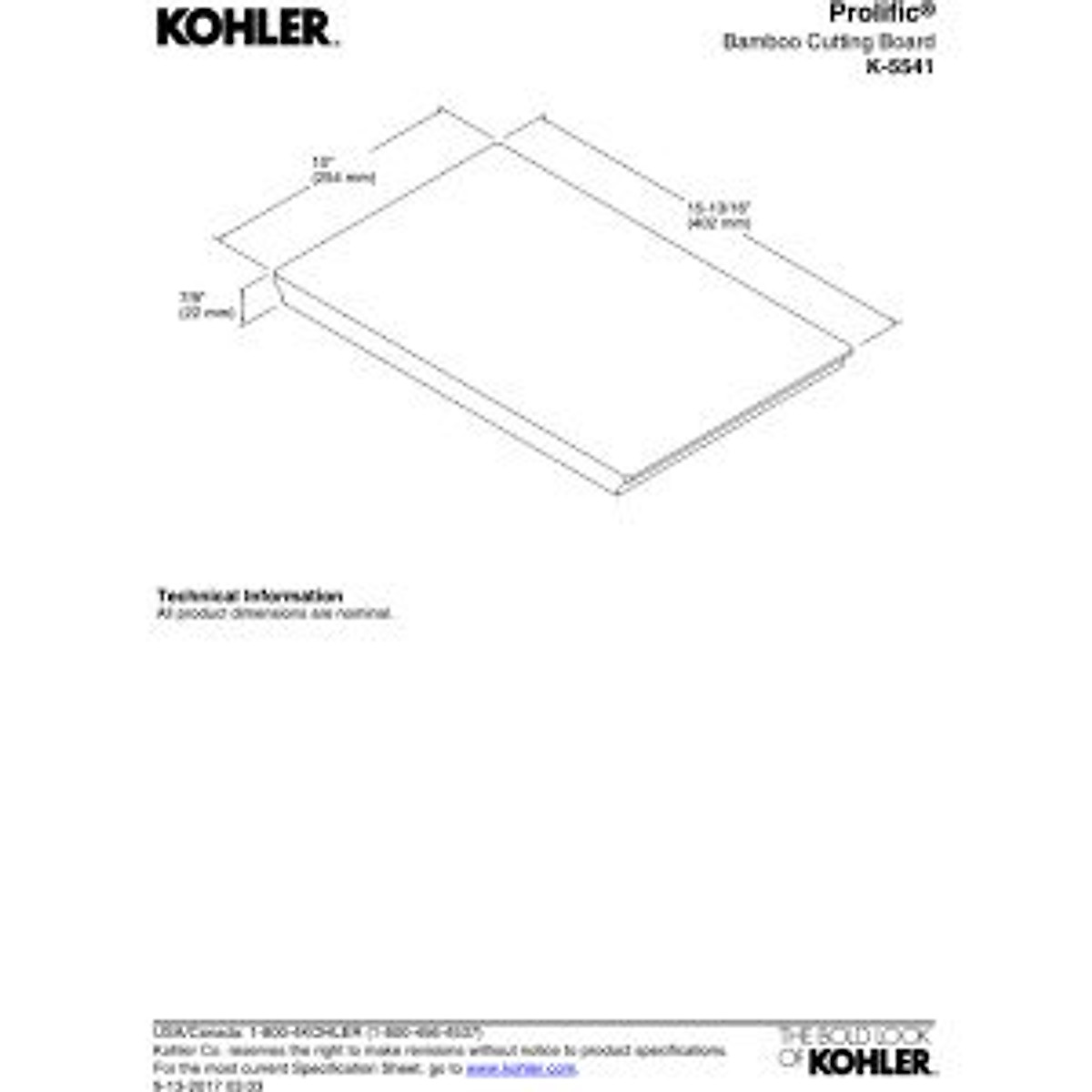 KOHLER K-5541-NA Prolific Cutting Board, 0.88 x 15.94 x 10.00 inches