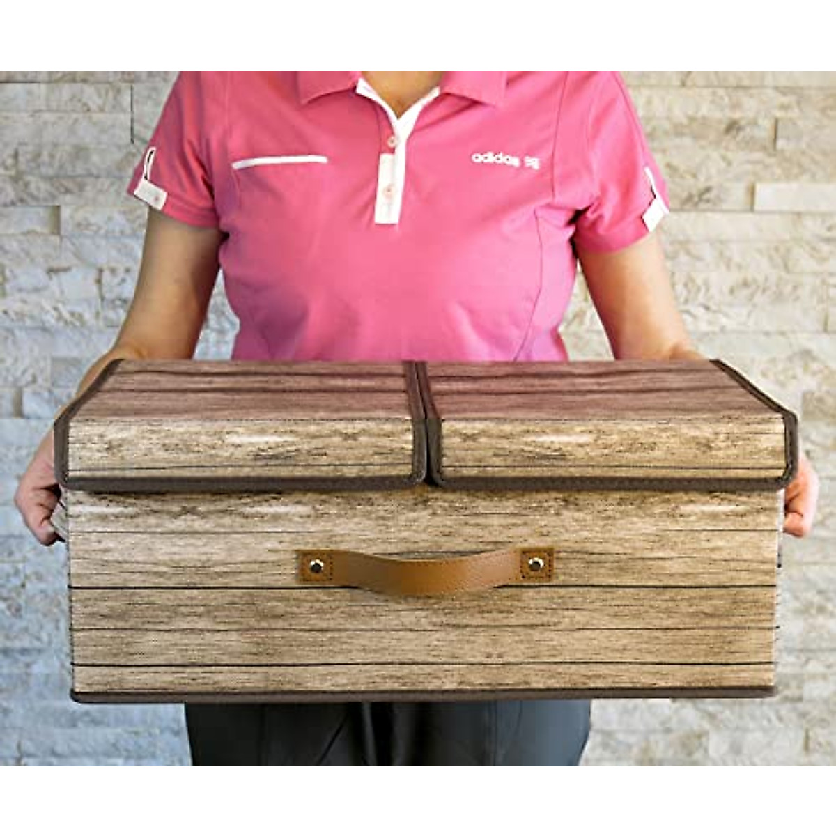 Double Compartment X-Large Collapsible Multi-Use Storage Bins with Dual Lids, Fold-up Cloth and Home Décor Dual Space Storage Caddy Box, Two Compartment Closet Chest (Pack of 2, Reclaimed Wood)