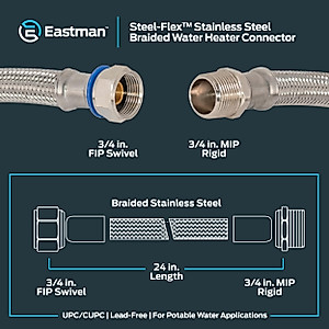Eastman 24 Inch Steel-Flex Water Heater Connector, 3/4 Inch FIP Swivel x 3/4 Inch MIP Rigid, Flexible Braided Stainless Steel, 48255