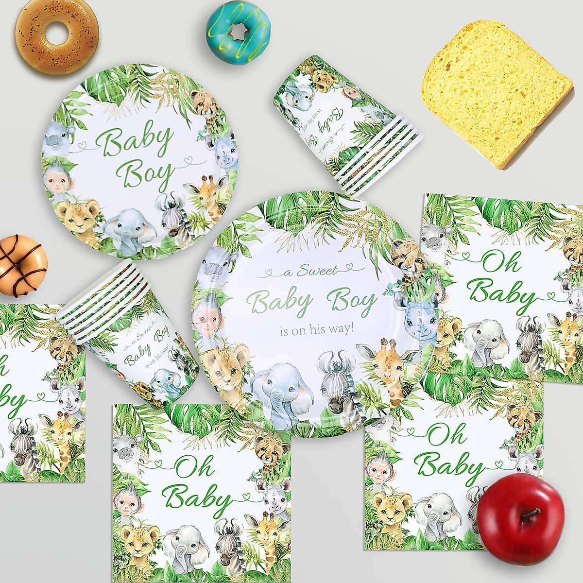 Jungle Safari Baby Shower Decorations Tableware Set Serves 24, Green Animals Paper Plates, Napkins, Paper Cups for Baby Boy Wild One Birthday Baby Shower Party Supplies