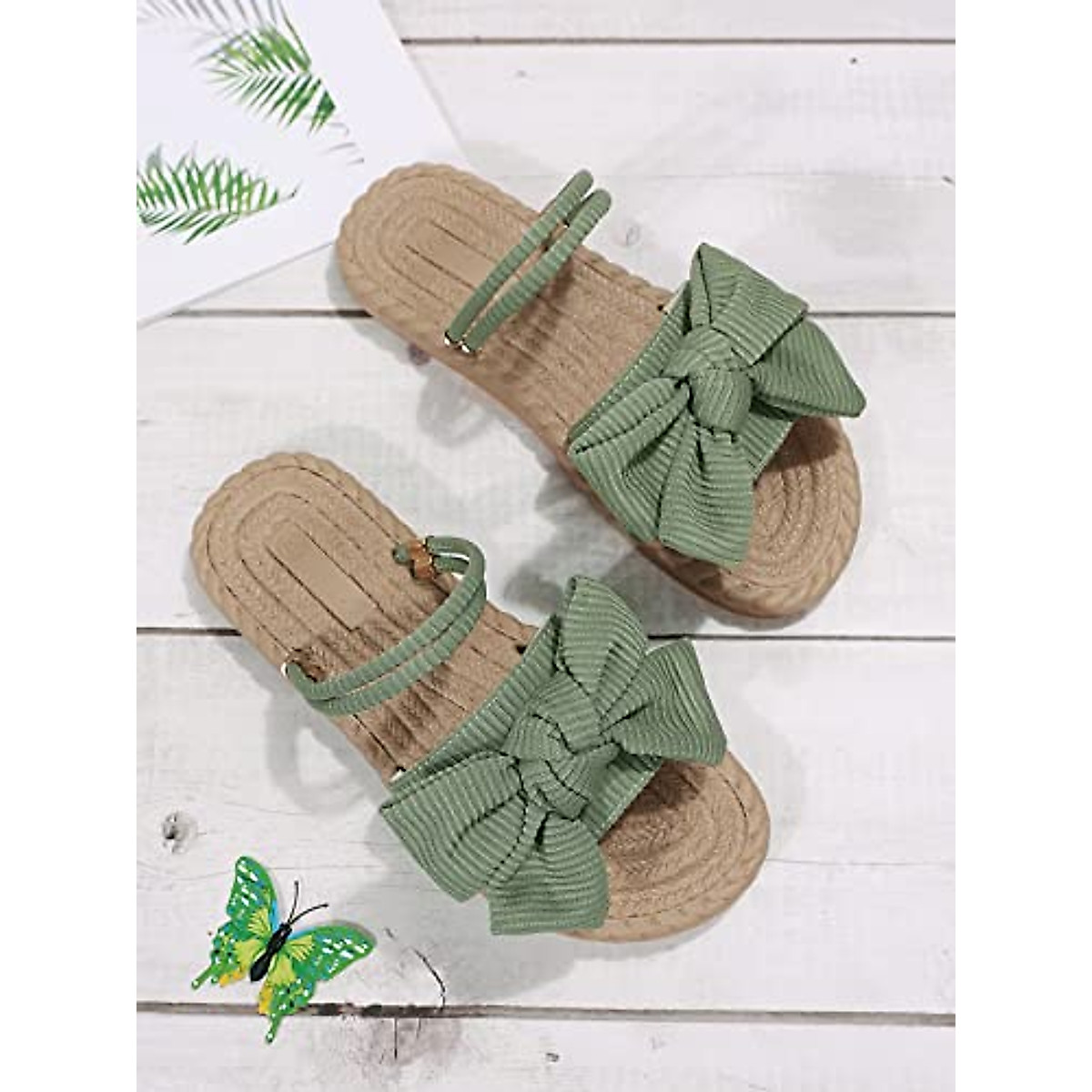 GORGLITTER Women's Bow Tie Flat Sandals Open Toe Slip On Summer Slide Sandals Green EUR38