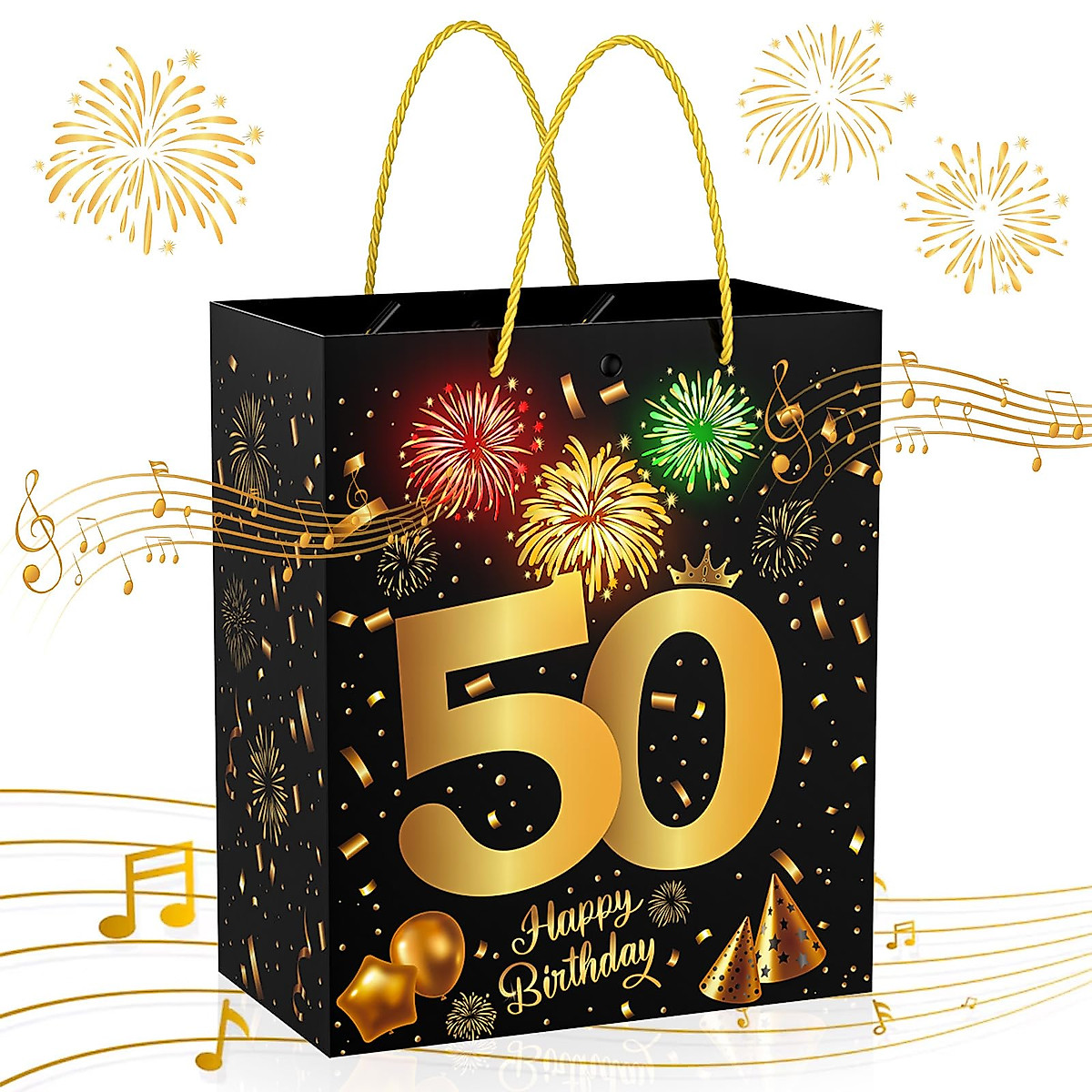 VANSHINIEER 50th Birthday Gift Bag with Fireworks Light and Music, Large Size Black Gold Gift Wrap Bag with Handles for 50th Birthday Party Decorations Supplies