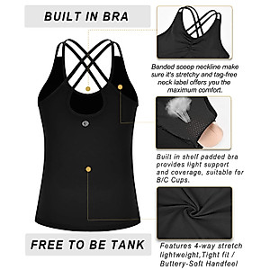 RUNNING GIRL Yoga Tank Tops for Women Built in Shelf Bra B/C Cups Strappy Back Activewear Workout Compression Tops (BX2366 Black.CN:L,US:M)
