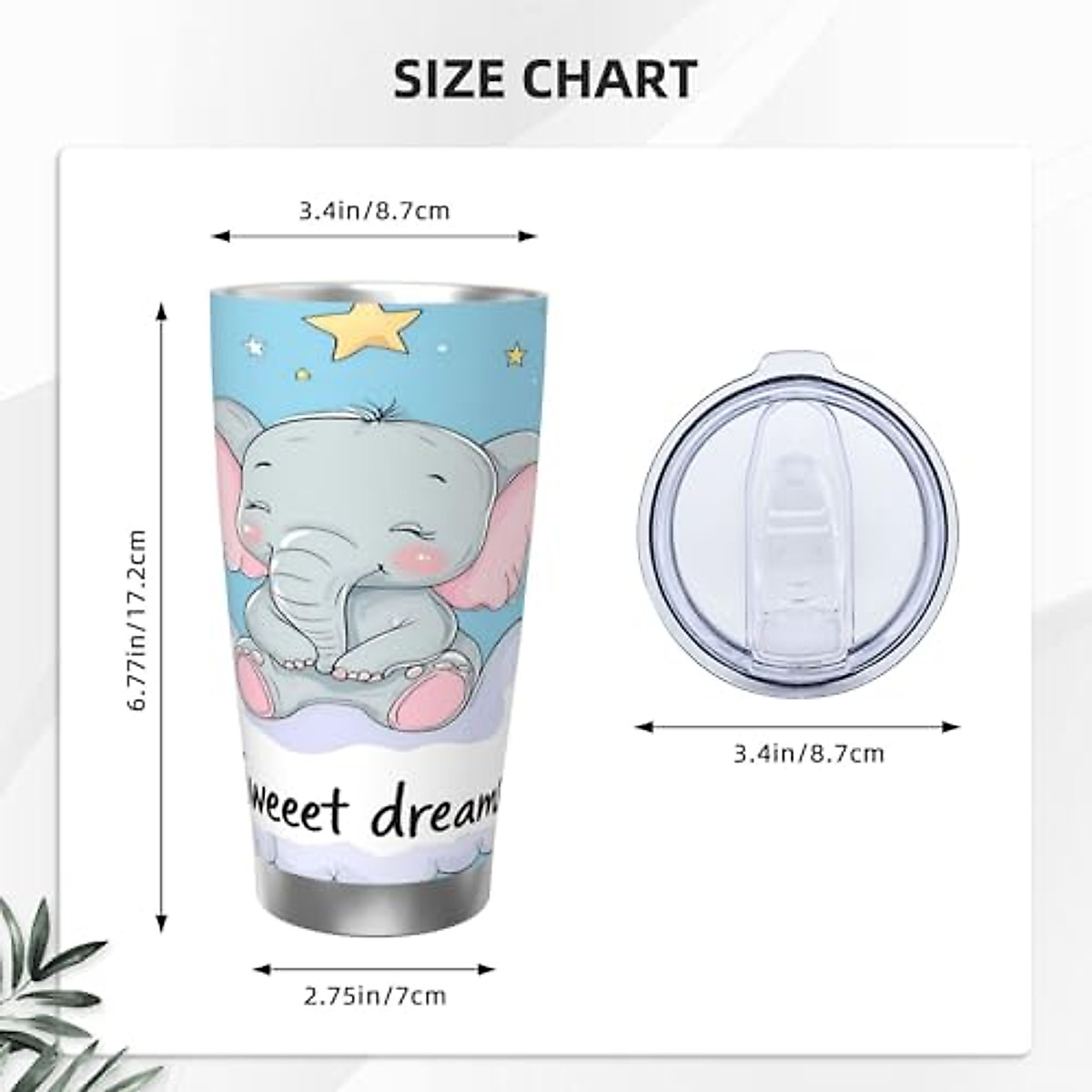 AYCZN Sweet Dream 20 OZ Tumbler Stainless Steel Travel Coffee Mug, Elephant Star Insulated Water Bottle with Lid and 2 StrawsLeakproof Thermal Cup