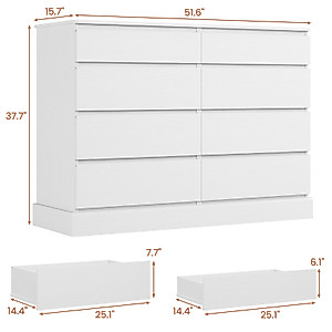 DICTAC 8 Drawers Dresser for Bedroom, White Large Chest of Drawers, Long Modern Double Dressers, Big Clothing Storage Organizer Closet with Ample Space, 51.6''L x 15.7''D x 37.7''H