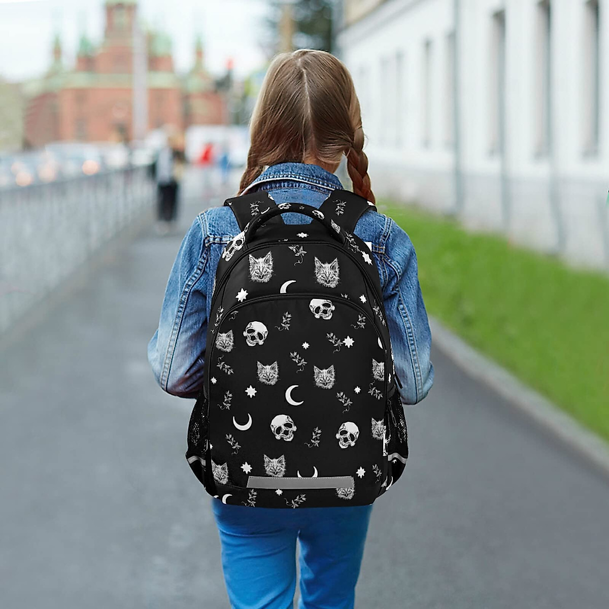 Children's School Bags, Skull Cat Moon School Backpacks, bookbag for Boys and Girls with Reflective Strips