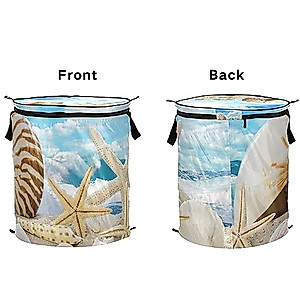 pnyoin 50L Large Popup Laundry Hamper Round with Zipper Lid Reinforced Handles Portable Collapsible Basket for Kids Room College Dorm Travel, Sunny Sky with Starfish