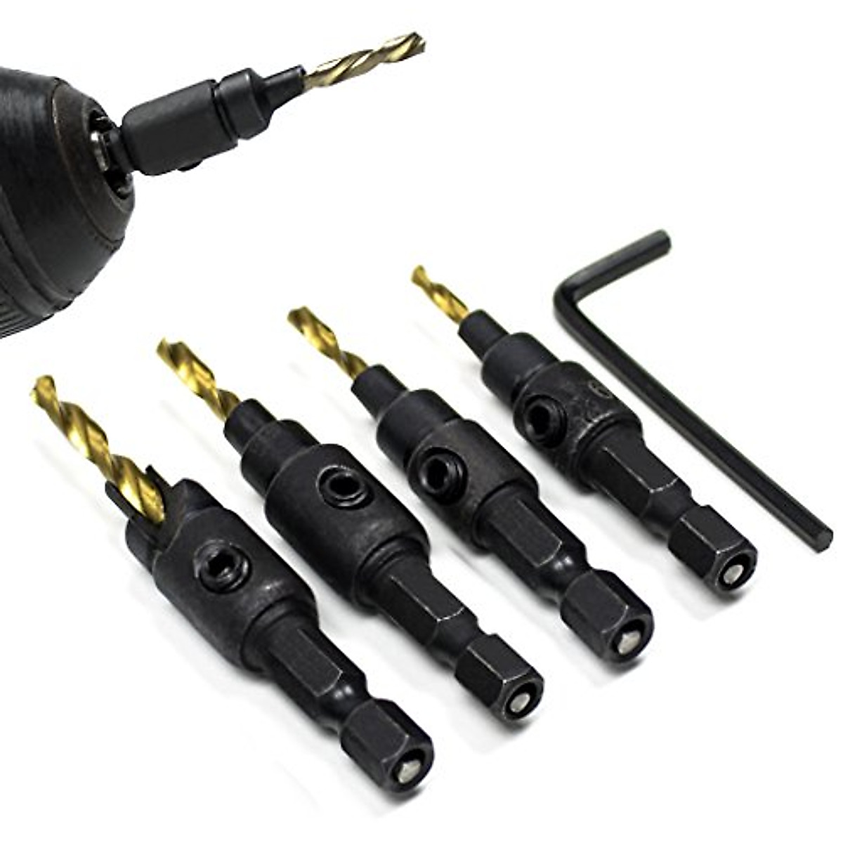 Bastex 4 Piece Countersink Drill Bit Set. Has Quick Change Hex Shank. Great for Carpentry and Woodworking