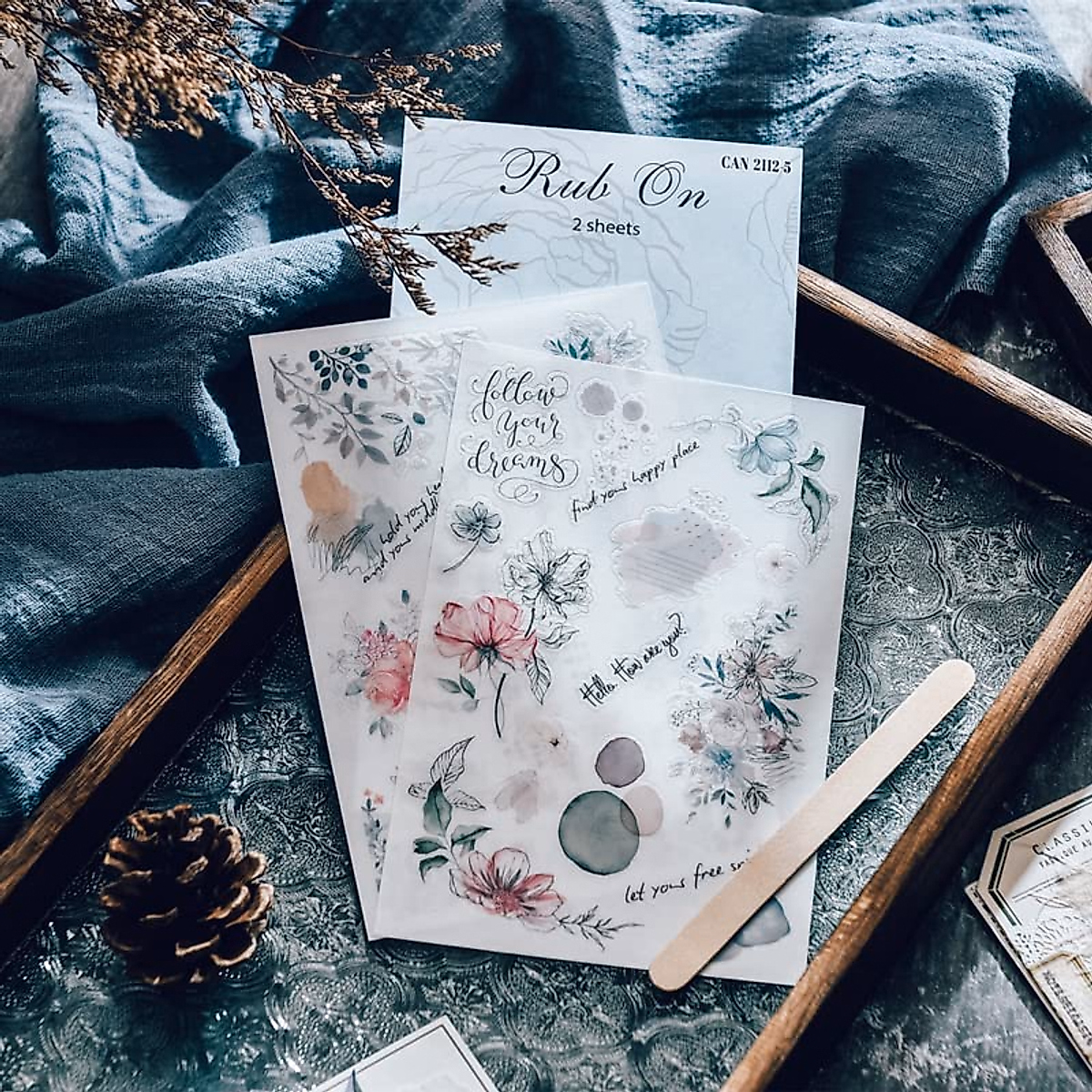 KSCRAFT Retro Floral Rub On Transfer Sticker Scrapbook Sticker Journal Sticker for Adult Sticker of Sewing Handicraft Decor Sticker for Card Making Diary Album DIY Art and Craft