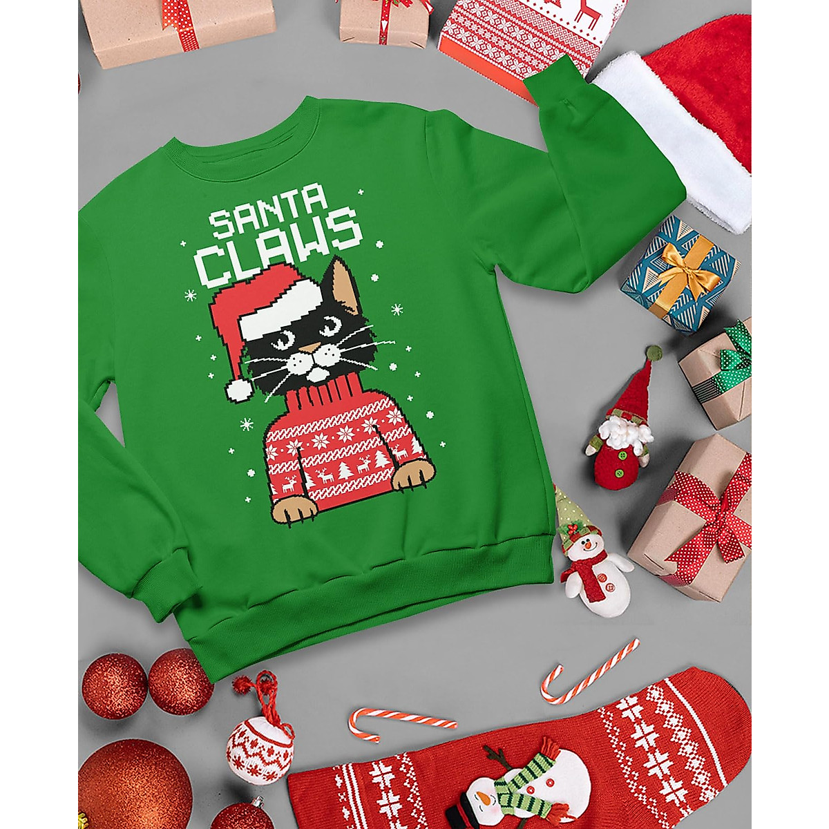 Tstars Santa Claws Sweatshirt Women Teen Girls Cat Ugly Christmas Sweater Style X-Large Green