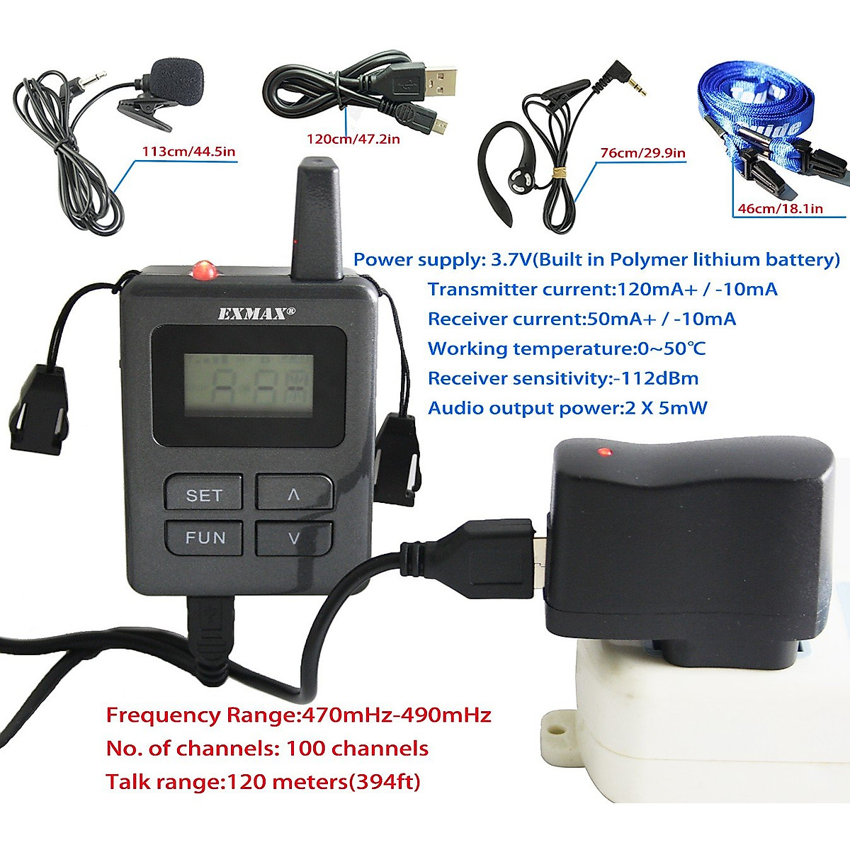 EXMAX ELGT-470 Wireless Whisper Acoustic Digital Transmission Tour Guide System 100 Channels for Tourism,Traveling,Conference,Training,Hajj,Church,Simultaneous Field,Interpretation(One Transmitter)