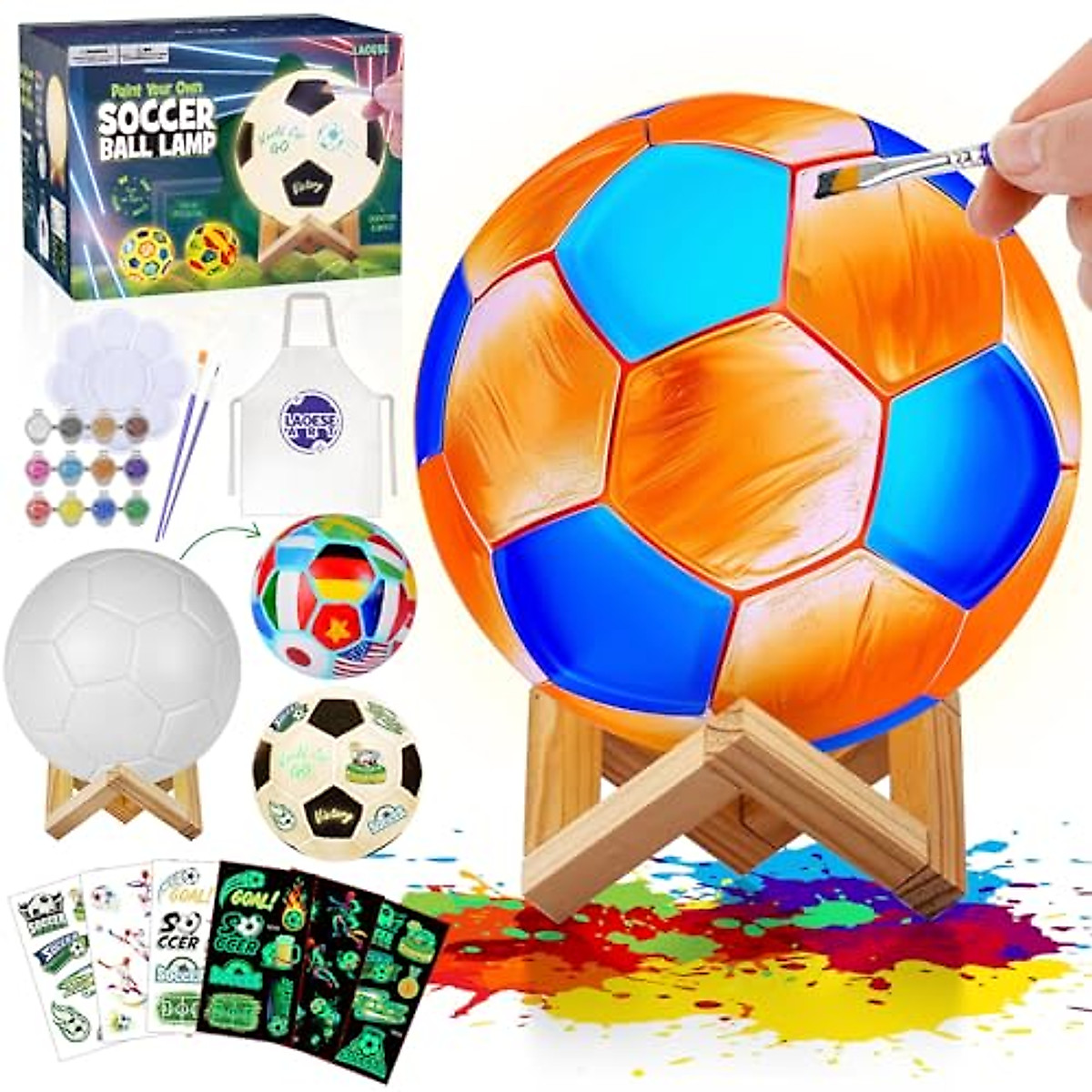 LAOESE Paint Your Own Soccer Ball Lamp Kit, DIY 3D Night Light with Soccer Stickers & Wooden Stand, Art Supplies Creativity Arts & Crafts Kit for Kids, Birthday Gifts for Boys