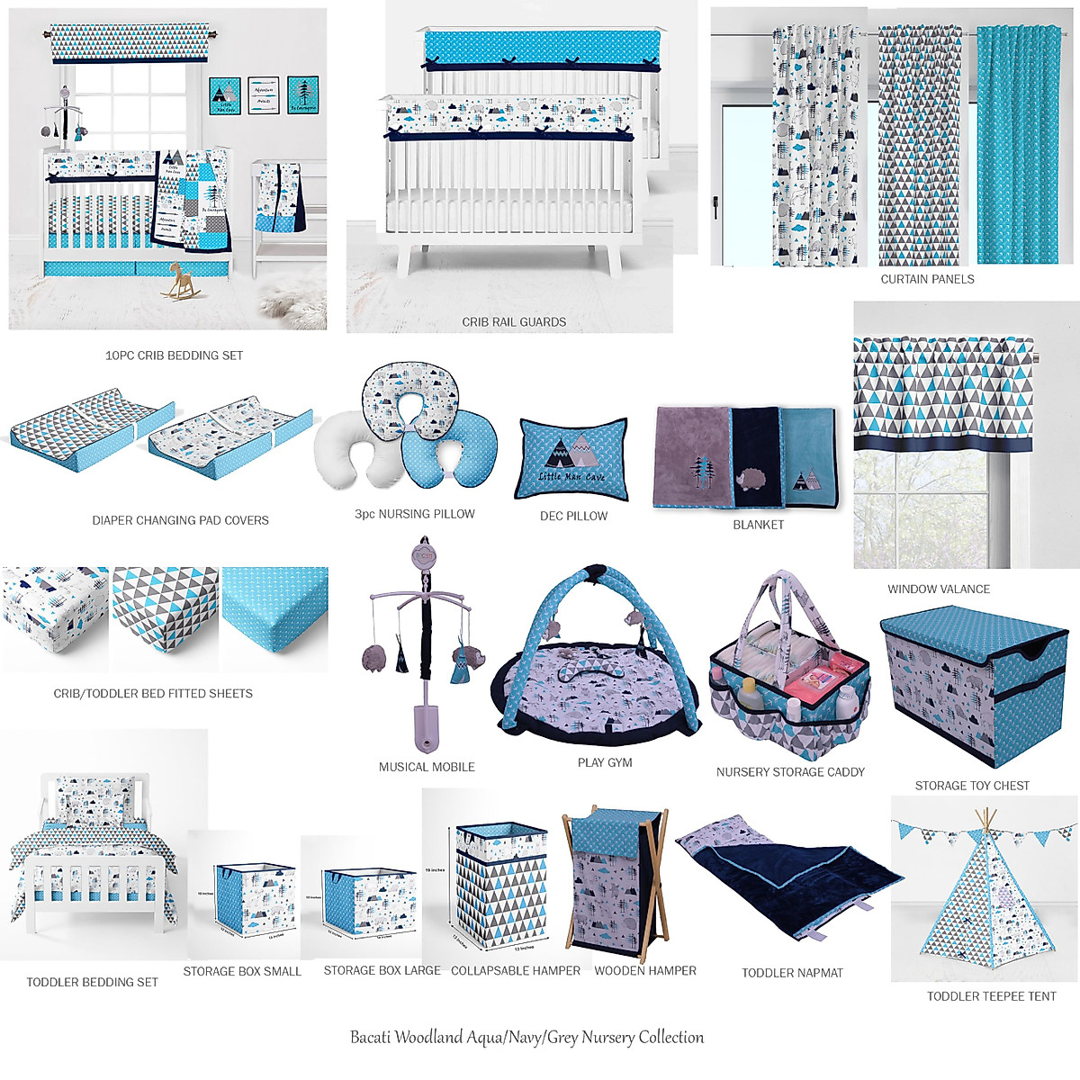 Bacati - 2 Pack Woodlands Bears Bison Owls Printed Boys 100% Cotton Universal Baby US Standard Crib or Toddler Bed Fitted Sheets (Aqua/Navy/Grey)