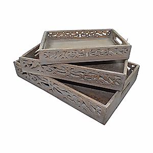 STORE INDYA Vintage Rustic Wooden Serving Trays with Handle - Set of 3 - Large, Medium and Small - Nesting Multipurpose Trays