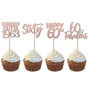24 Pack Cheers to 60 Years Birthday Cupcake Toppers Glitter Sixty Straight Outta 1963 Cupcake Picks Happy 60th Cake Decorations for Happy 60th Birthday Anniversary Party Supplies Rose Gold