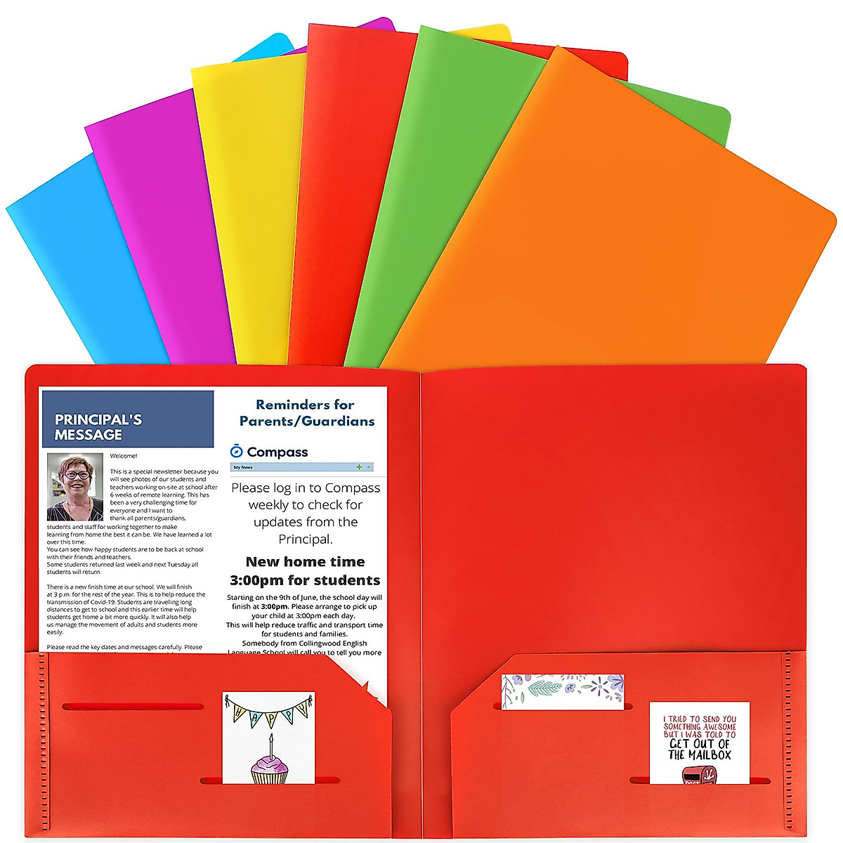 HABGP 6 Pack Plastic Folders with Pockets, Multiple Color Heavy Duty 2 Pocket Letter Size Folders w Business Card Holder for School Office