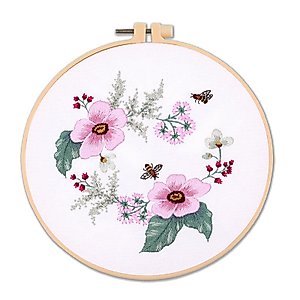 Stamped Embroidery Starters Kits with Pattern for Beginners Pink Flowers with Hoops Cloth Color Threads DIY Cross Stitch Kits Needlework Art for Adults Students Home Decoration
