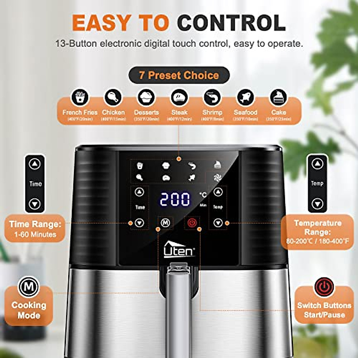 Air Fryer, Uten 5.8QT Oilless Oven, 2023 New Upgrade Air fryers Electric Oilless Cooking with LED Digital Touchscreen, 7 Presets Healthy Low Fat Cooking, Temperature&Time Adjustable, Nonstick Basket