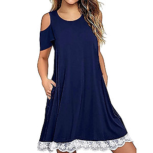 F_Gotal Women's Short Sleeve Pockets Loose Crew Neck T-Shirt Swing Lace Dress Mini Fashion Beach Sundress Party Cocktail Z-Blue