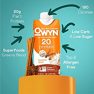 Owyn Vegan Protein Shake, Pumpkin Spice, 20g Plant Based Protein, Omega-3, Prebiotic Supplements, Gluten-Free, Soy-Free, Non-GMO (Pumpkin Spice, 12 Pack) (Packaging May Vary)