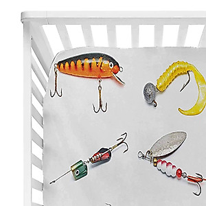 Lyzelre Fishing Fitted Crib Sheet,Several Fish Hook Equipment Objects Trolling Angling Netting Gathering Activity Microfiber Silky Soft Toddler Mattress Sheet Fitted,28"x 52"x 8'' for Boys Girls