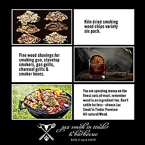 Jax Smok'in Tinder Fine BBQ Smoker Wood Chips - Sampler Pack for Electric Smokers, Indoor Stove Top Smoker, 6 Packs of Scented Chips, BBQ Accessories (Apple, Post Oak, Pecan, Hickory, Cherry, Maple)