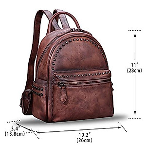 Genuine Leather Backpack for Women Vintage Fashion Bookbag Handmade Casual Satchel (Coffee) Medium