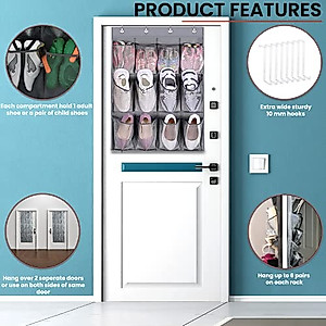 MERB Home 2 Pack Shoe Storage Organizer with Innovative Hook - Hang 2 Racks on 1 Door or on different Doors - Hanging Door Rack- 12 Pockets - Foldable Hanging Storage Organizer (3 Rows of pockets)