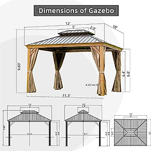 10'x12' Hardtop Gazebo, Wooden Coated Aluminum Frame Canopy with Galvanized Steel Double Roof, Outdoor Permanent Metal Pavilion with Curtains and Netting for Patio, Deck and Lawn(Wood-Looking)