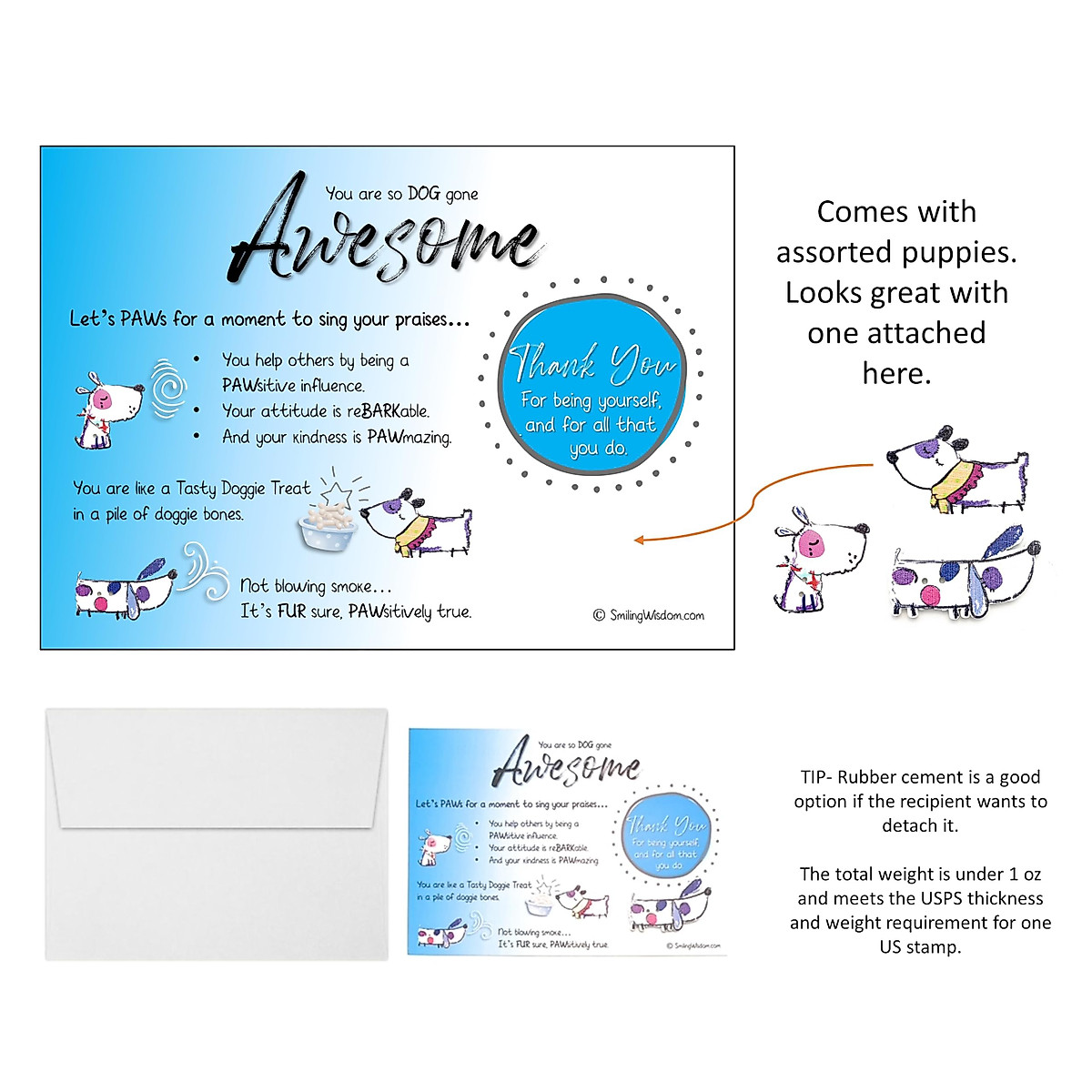 Smiling Wisdom - Bulk 40 Gift Sets - 4 Different Sets of 10 - Quarterly Gifts - Encouraging Praising Employee Volunteer Student Appreciation Cards Envelopes - 120 Pcs - Storm Puppy Warrior Light