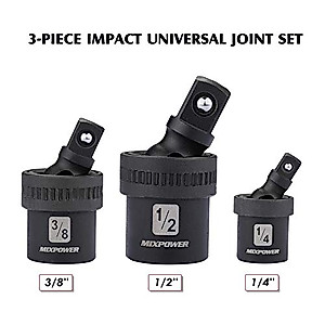 MIXPOWER 3-Piece Impact Universal Joint Set - 1/4", 3/8" and 1/2" Drive, Impact Grade U-Joint Swivel Sockets,Socket Adapter Set, CR-MO Impact Grade