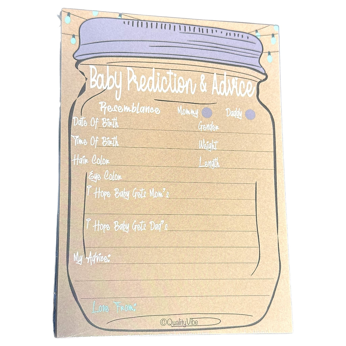 QualityVibe Baby Prediction and Advice Cards Set Of 50. Baby Shower Activity Games. Kraft Style & Mason Jar Background. Thick and easy to write on with any Pen.