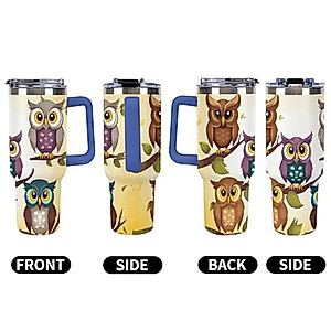 LLUTSNTH 40 Oz Vacuum Tumbler with Deep Blue Handle Leakproof Insulated Tumbler Owls Birds Stainless Steel Travel Mug with Lid And Straw Coffee Cup Cute Water Bottles Cup Holder Friendly