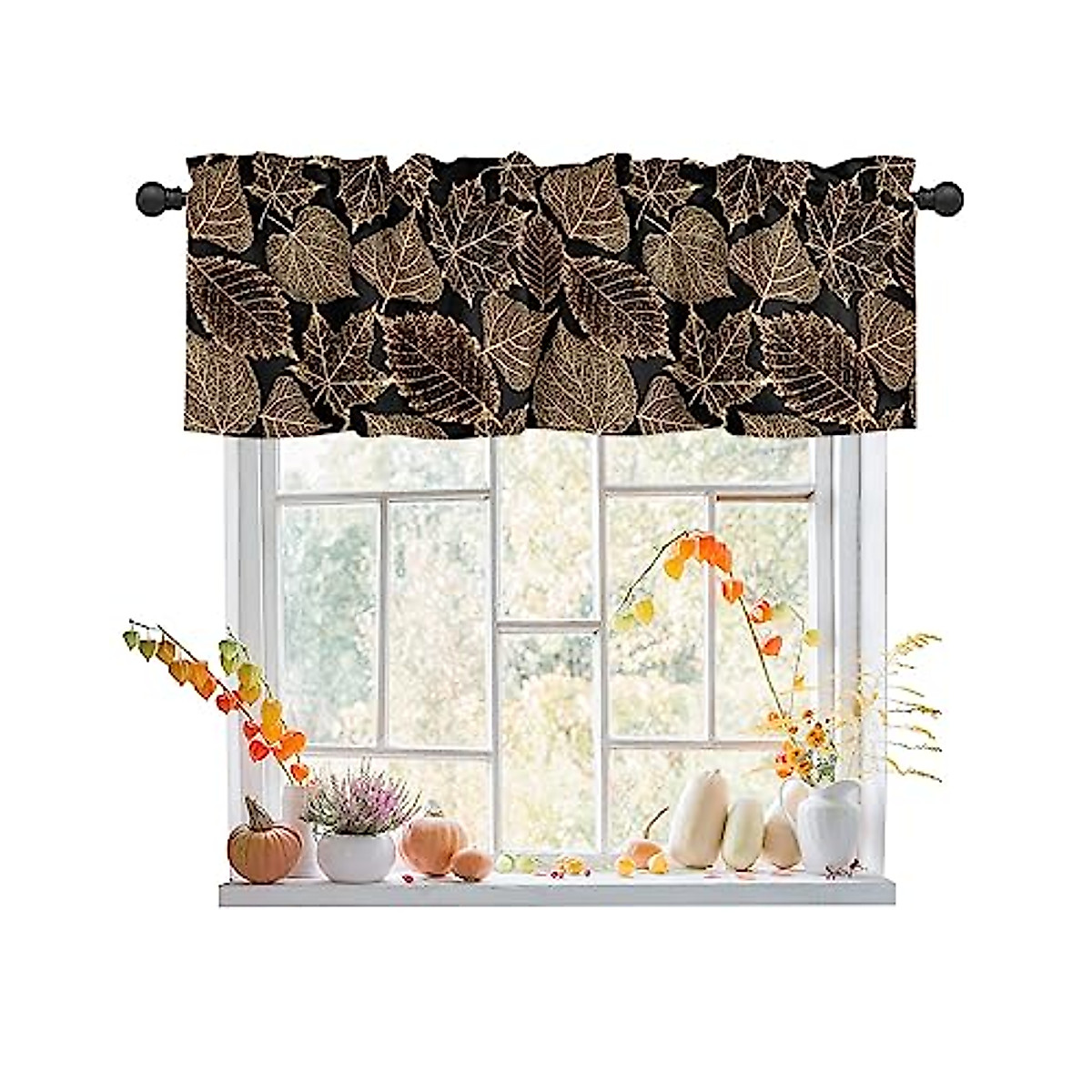 Thanksgiving Fall Valance Curtains for Living Room/Bedroom/Bathroom/Kitchen Window,Rod Pocket Tiers Small Curtain Drape Window Panel Treatment,Gold Autumn Maple Leaves Black Backdrop Valance 54"x18"