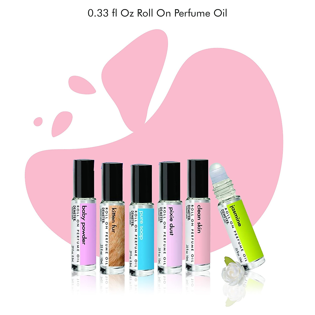 DEMETER Fragrance Library - Classic Six Piece Roll On Perfume Oil Set – Baby Powder, Kitten Fur, Pure Soap, Pixie Dust, Clean Skin, Jasmine