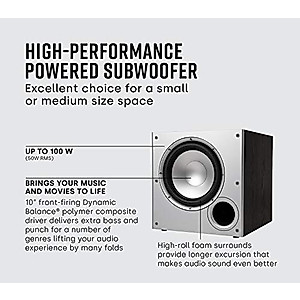 Polk Audio PSW10 10" Powered Subwoofer - Power Port Technology, Up to 100 Watts, Big Bass in Compact Design, Easy Setup with Home Theater Systems Black