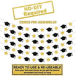 Big, Graduation Cap Garland Glitter - 10 Feet, No DIY | Black and Gold Graduation Party Decorations 2023 | Black Graduation Cap Decorations for Class of 2023 Decorations | Graduation Garland 2023