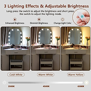 usikey Corner Vanity Desk with Mirror and Lights, Makeup Vanity Table with Charging Station, 3 Drawers & Retractable Side Cabinets, Vanity Desk with Cushioned Stool for Christmas Day, White